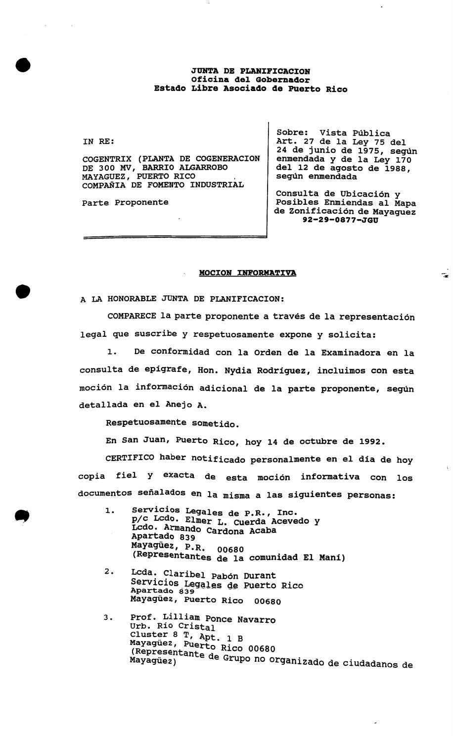 Cogentrix RE: Vistas ante la Junta de Planificación [1992] by La ...