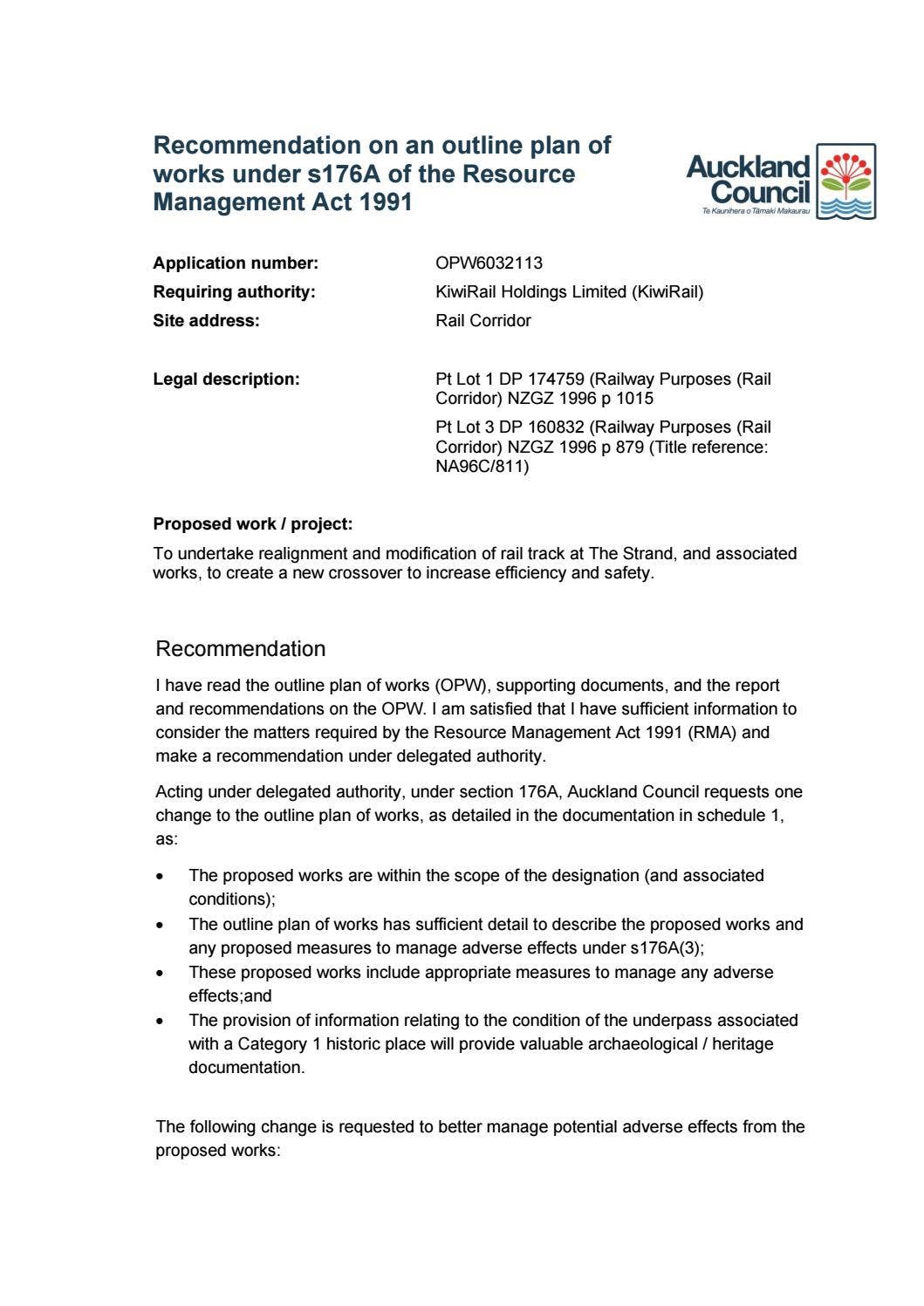 Strand recommendation on an outline plan of works under RMA by City ...