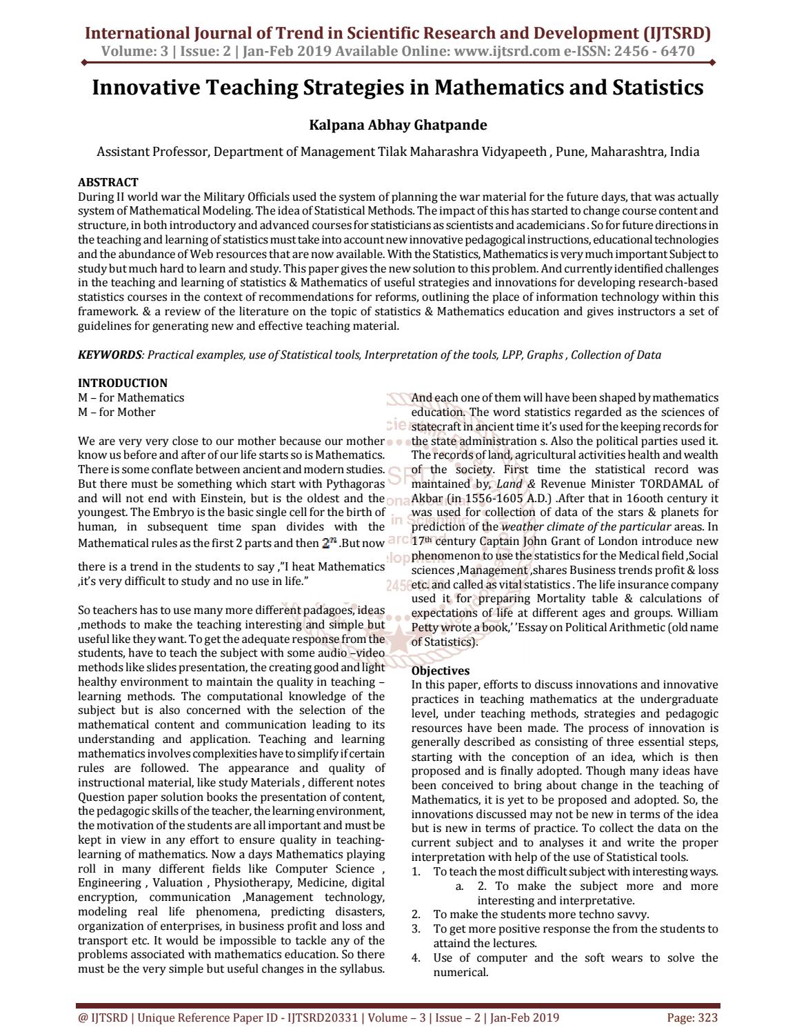 Innovative Teaching Strategies In Mathematics And Statistics By 