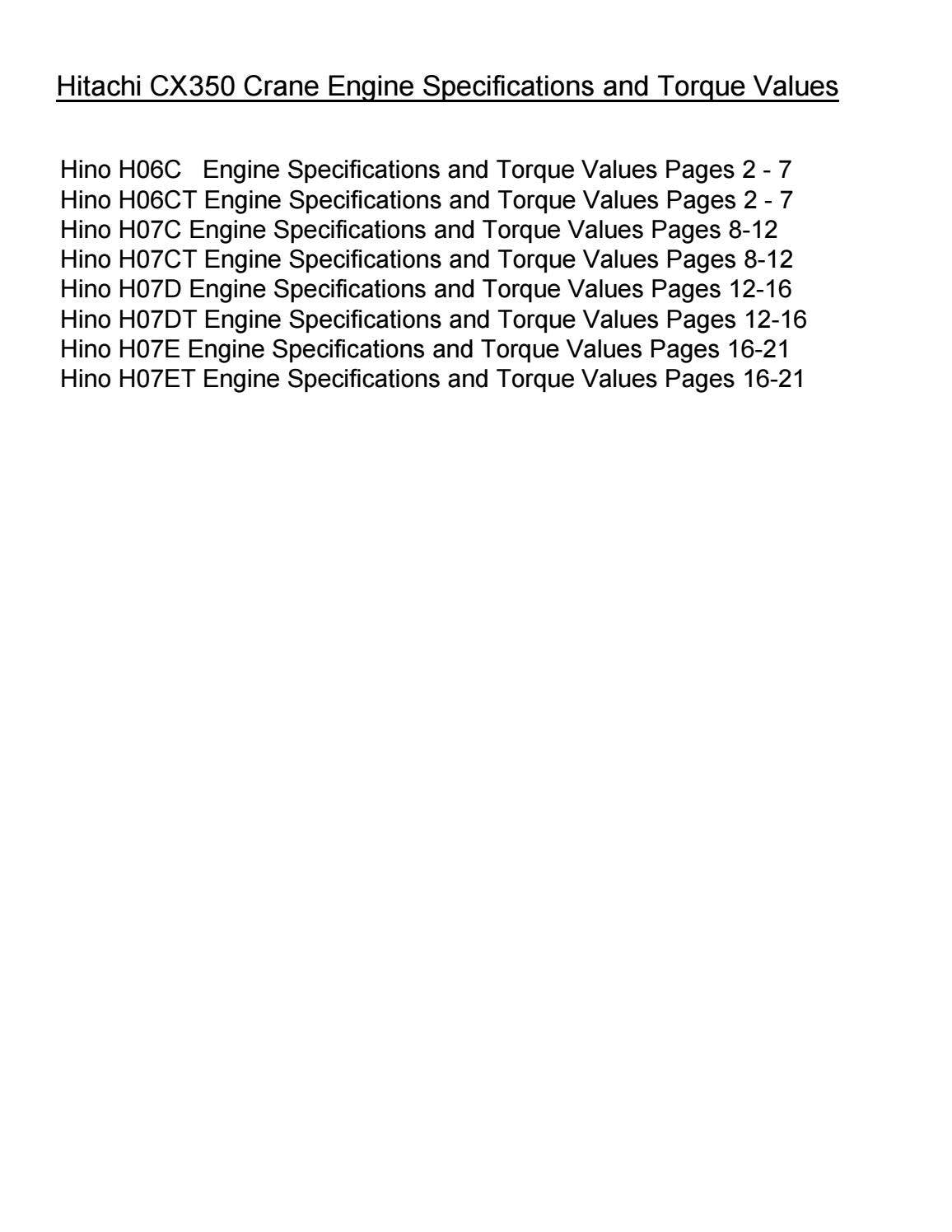 Hitachi CX350 Crane Engine Specifications and Torque Values, Engine ...