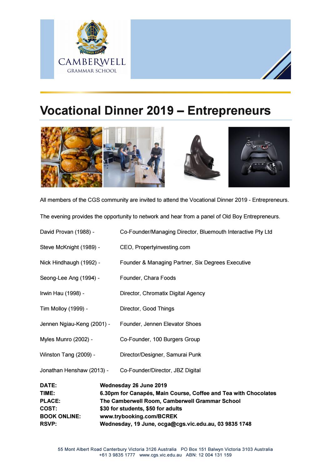 Vocational Dinner Flyer for bulletin 2019 by Camberwell Grammar School ...