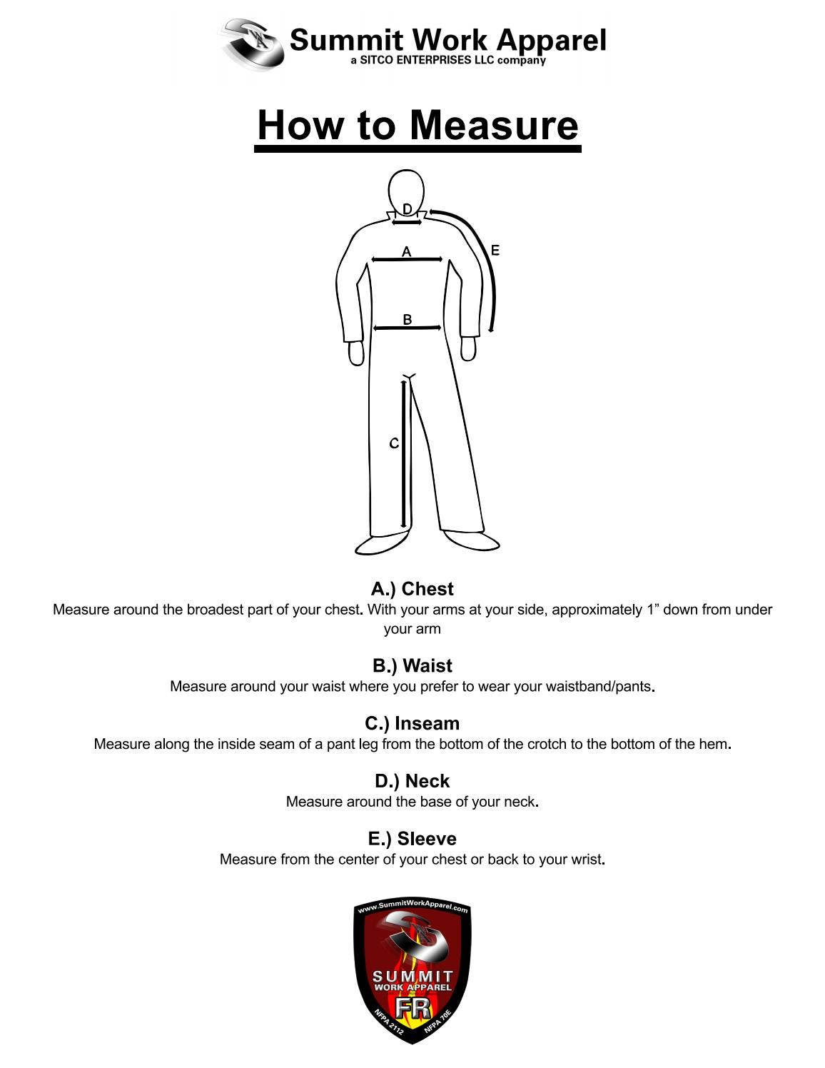 Summit Work Apparel Sizing Chart - How to Measure by Summit ...