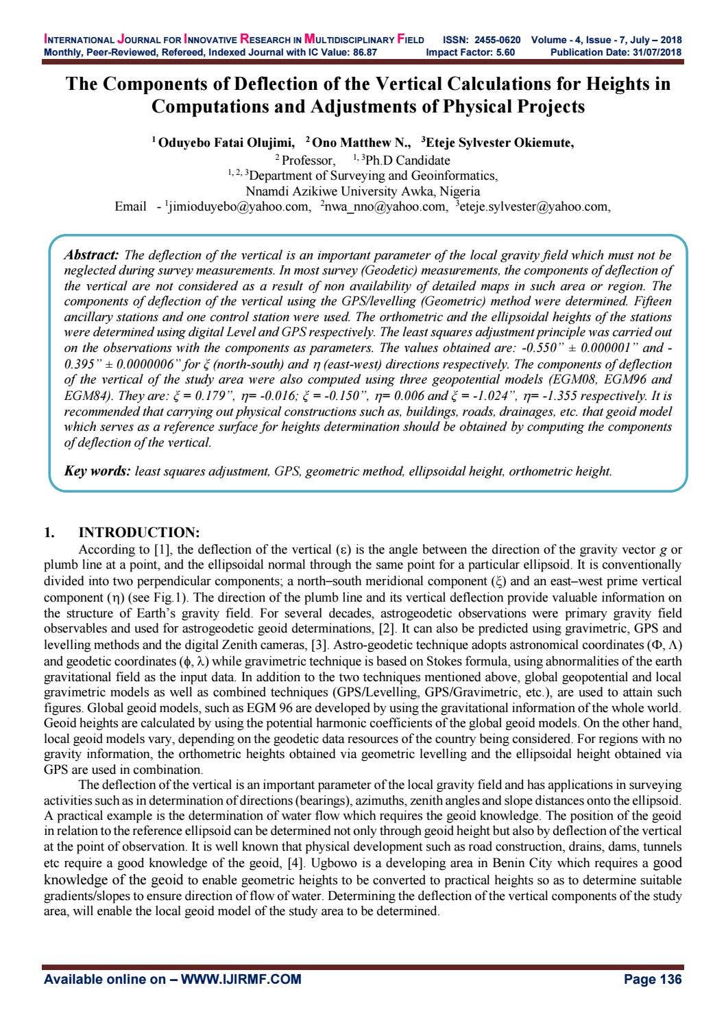 The Components of Deflection of the Vertical Calculations for Heights ...