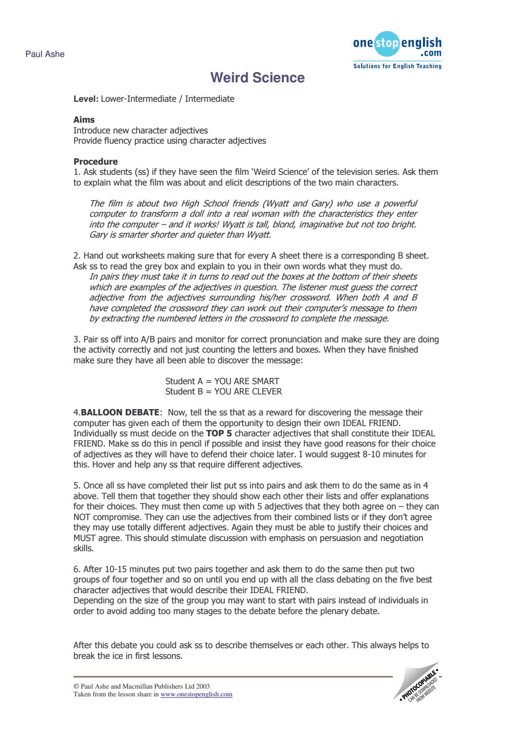 Weird Science. Lesson Plan for Macmillan. Character adjectives by Paul ...