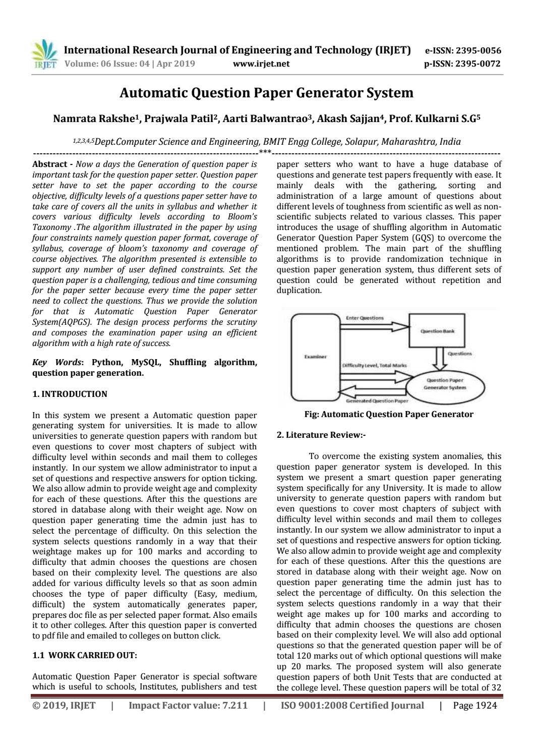 IRJET- Automatic Question Paper Generator System by IRJET Journal - Issuu