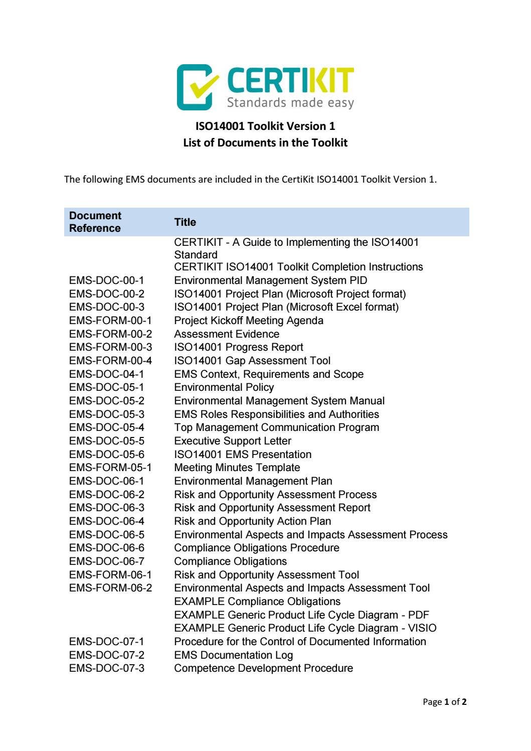DOWNLOADABLE List of documents in the ISO14001 Toolkit V1 by CertiKit ...