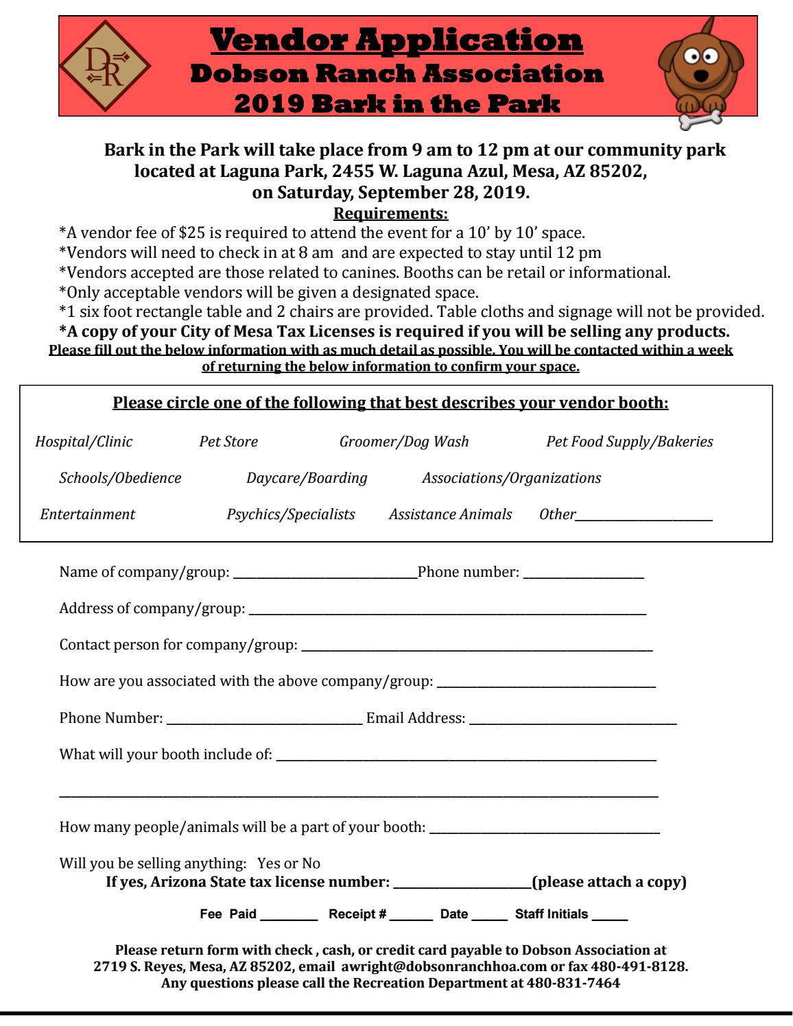 VENDOR APPLICATION 2019 BARK IN THE PARK by dobsonranch29 - Issuu