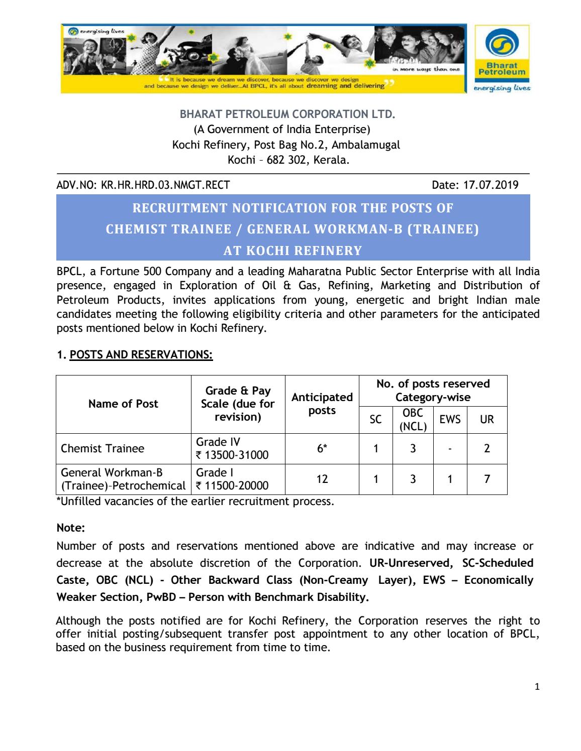 Govt Chemist Trainee Job Opening @ Bharat Petroleum Corporation Limited ...