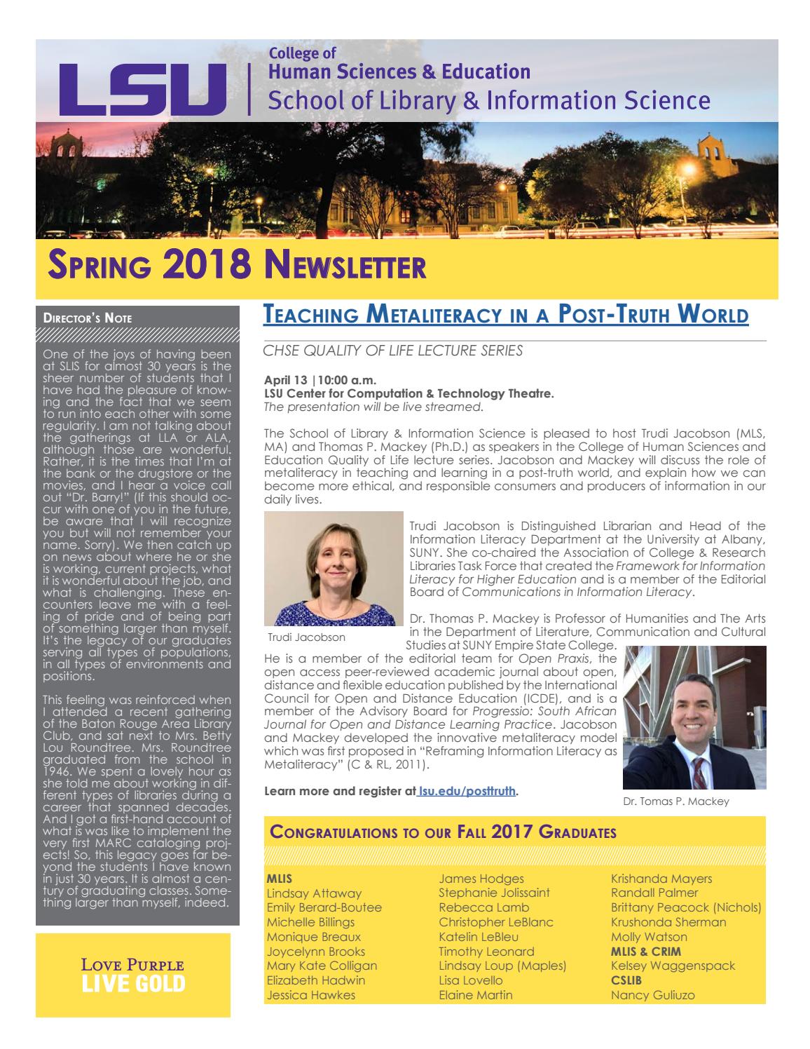 SLIS Spring 2018 Newsletter by LSU College of Human Sciences ...