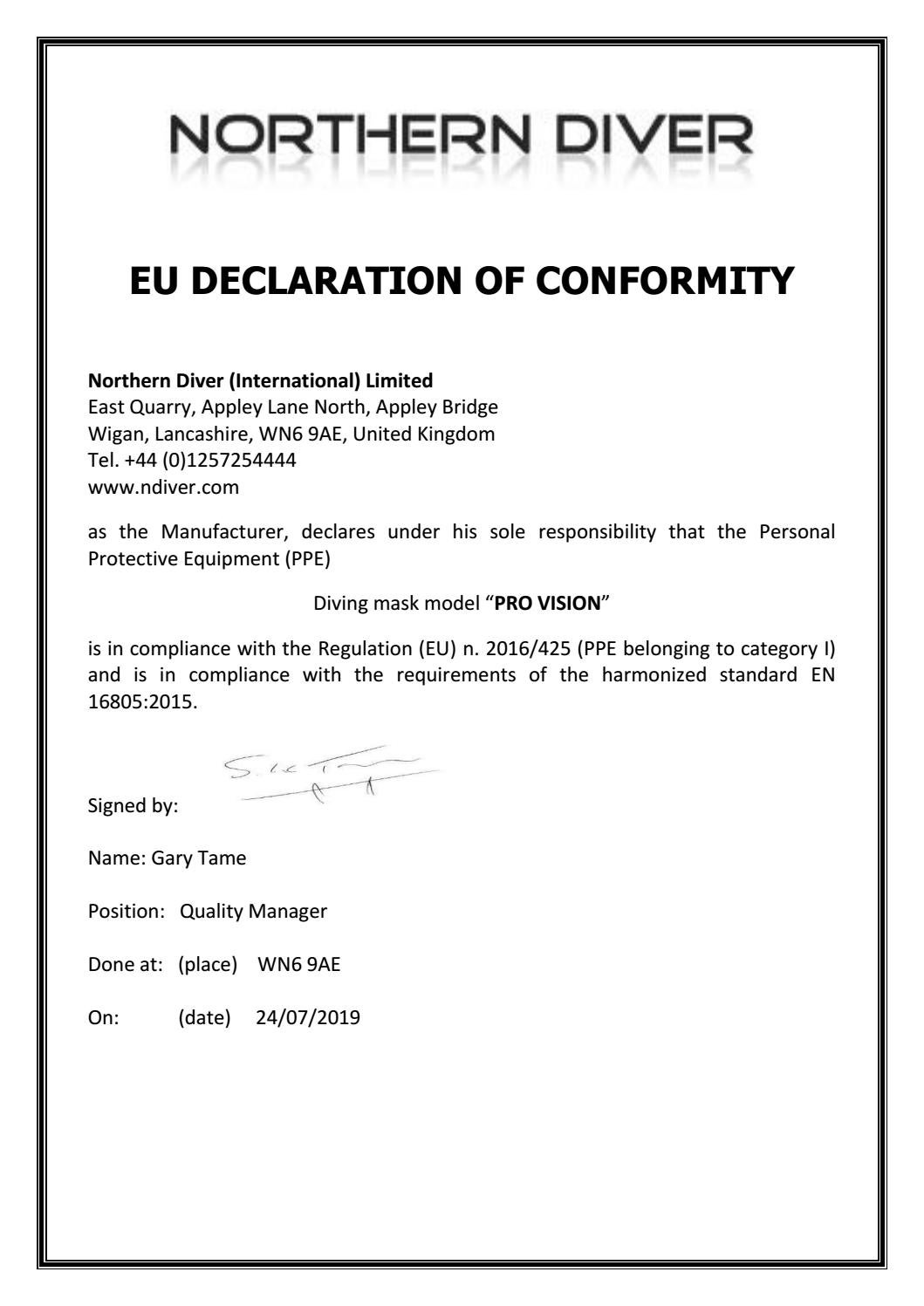Pro Vision Mask EU Declaration Of Conformity Supplied By Northern Diver ...