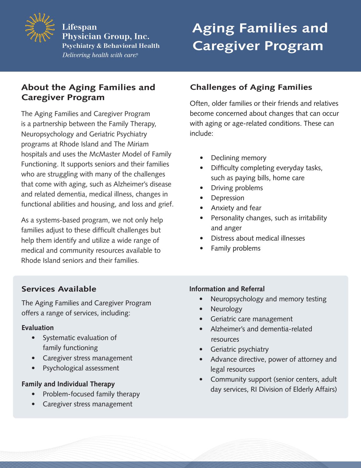 Aging Families and Caregiver Program Information Sheet by Lifespan ...