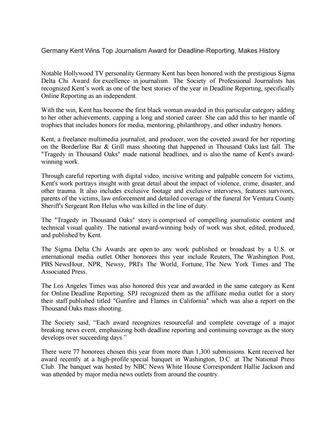 Germany Kent Wins Top Journalism Award for Deadline-Reporting, Makes ...