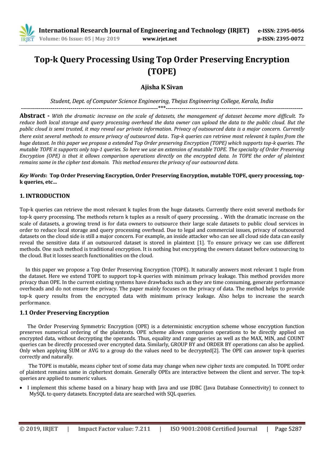 IRJET- Top-K Query Processing using Top Order Preserving Encryption ...