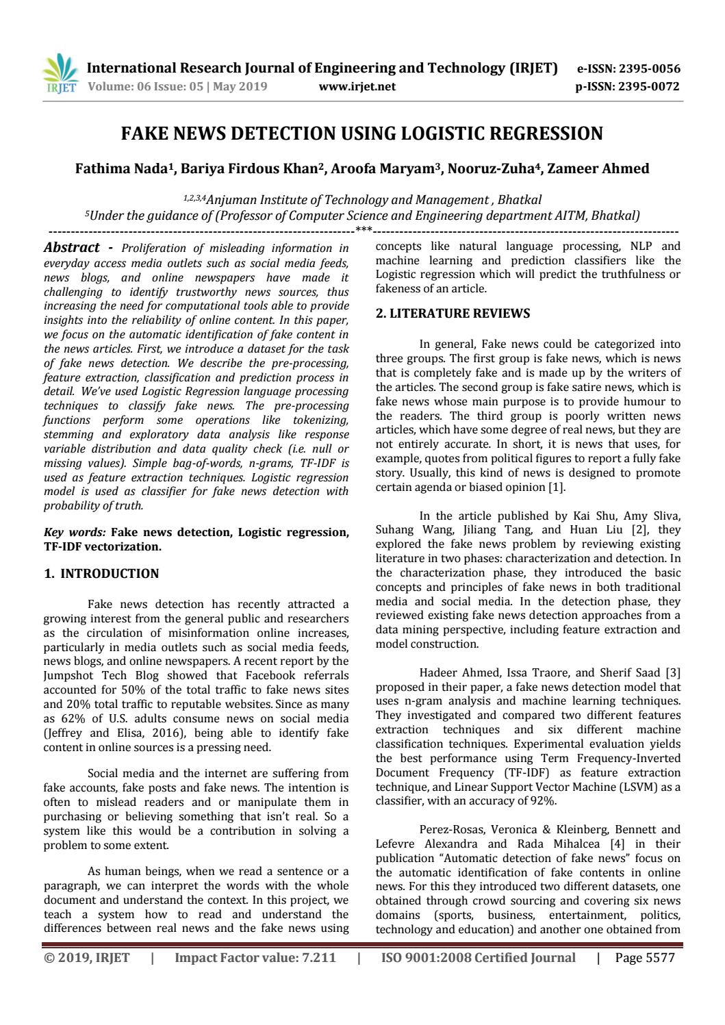 IRJET- Fake News Detection using Logistic Regression by IRJET Journal ...