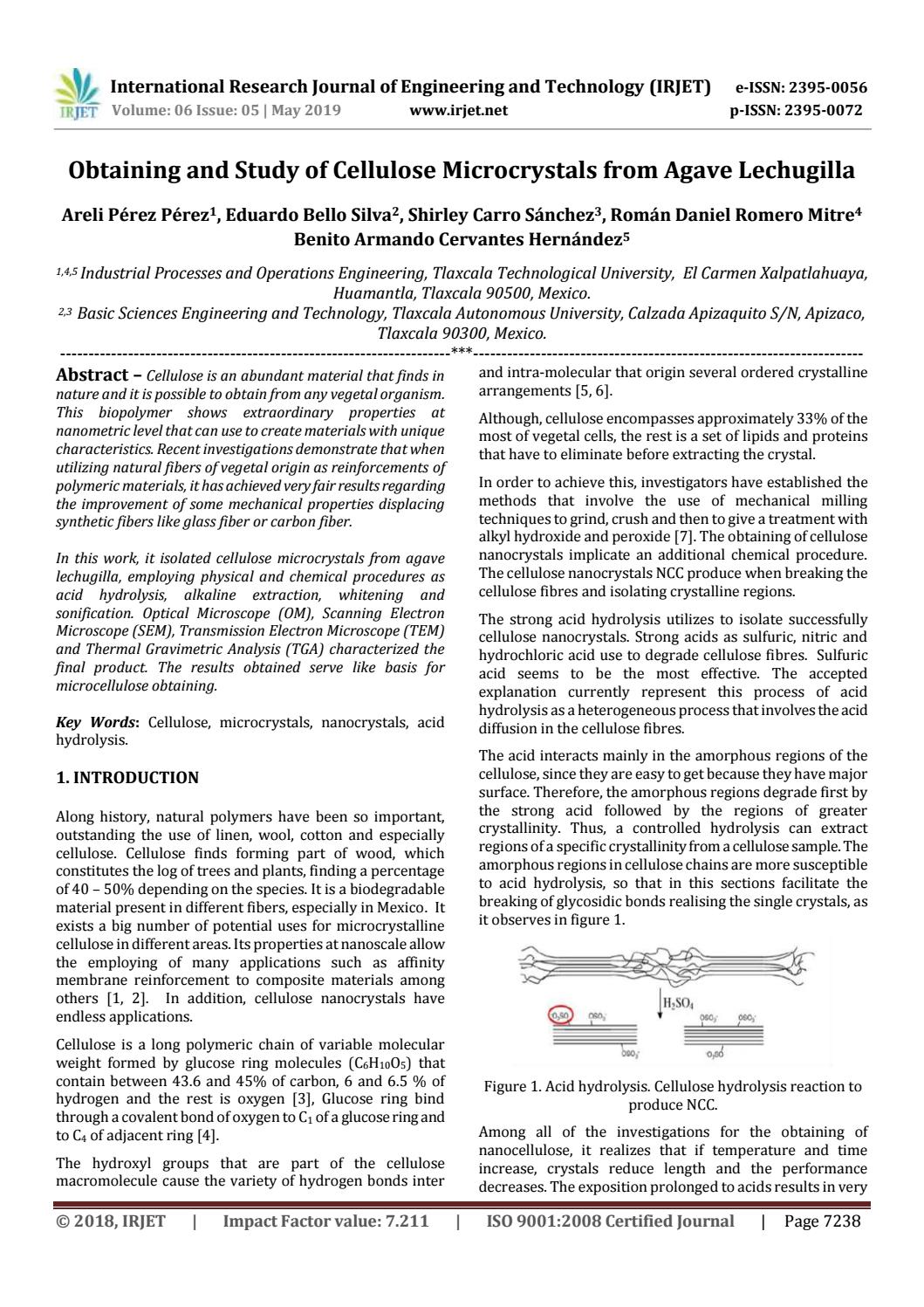 IRJET- Obtaining and Study of Cellulose Microcrystals from Agave ...