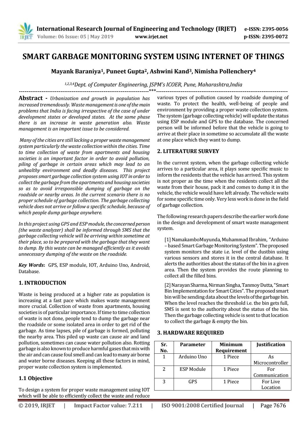 IRJET- Smart Garbage Monitoring System using Internet of Things by ...