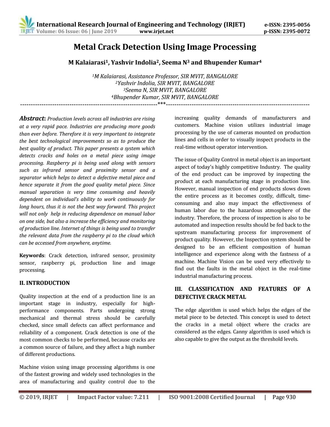 IRJET- Metal Crack Detection using Image Processing by IRJET Journal ...