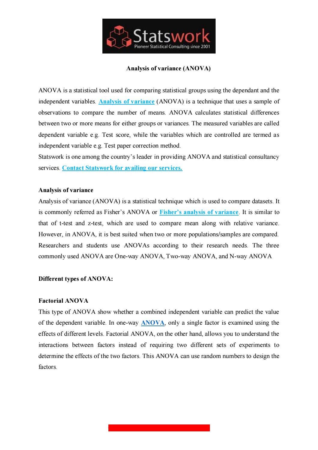 Analysis of variance (ANOVA) - Statswork by Statswork - Issuu