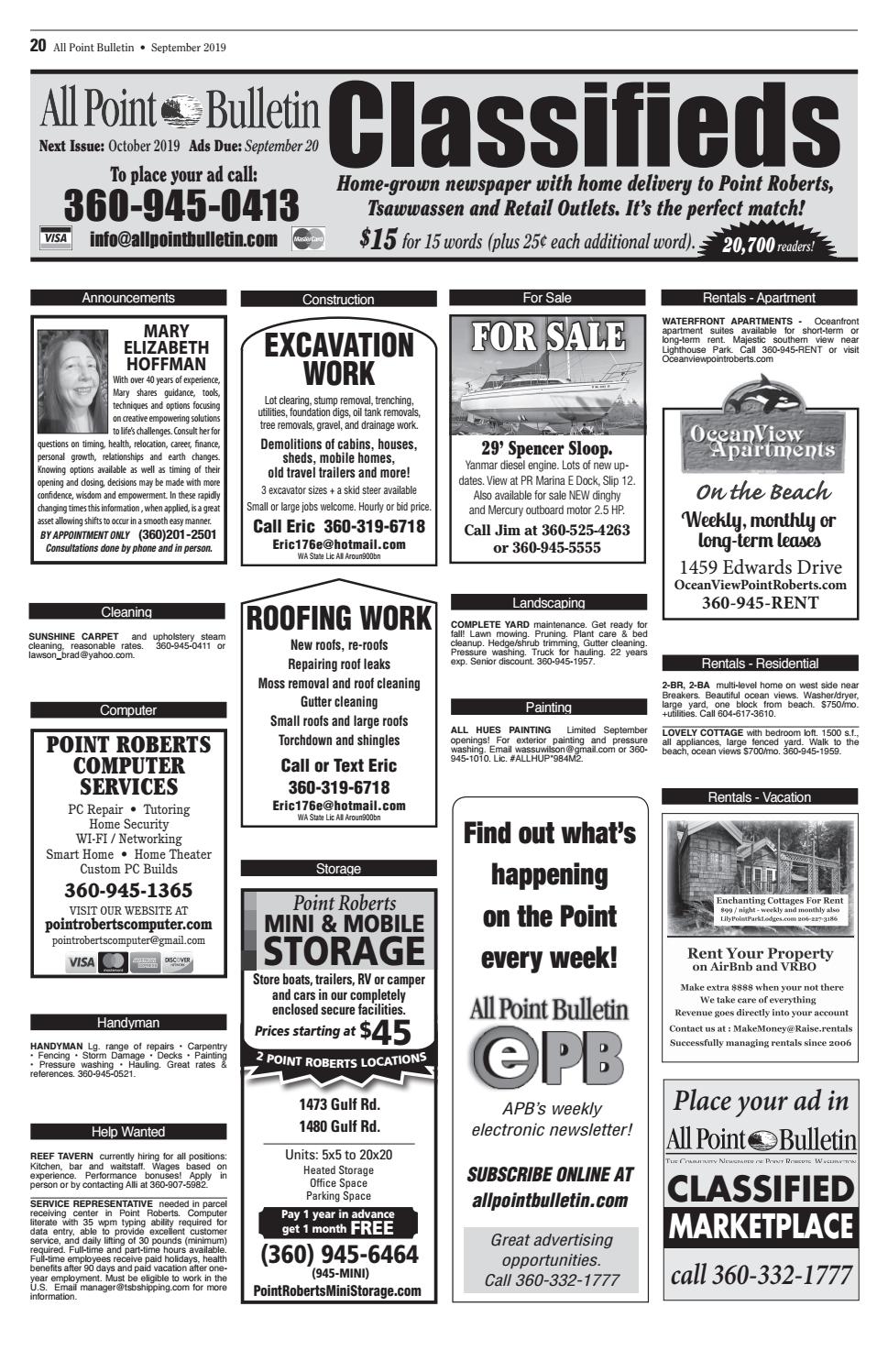 All Point Bulletin Classifieds – September by Point Roberts Press - Issuu
