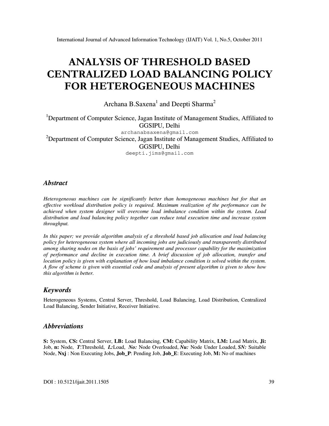 ANALYSIS OF THRESHOLD BASED CENTRALIZED LOAD BALANCING POLICY FOR ...