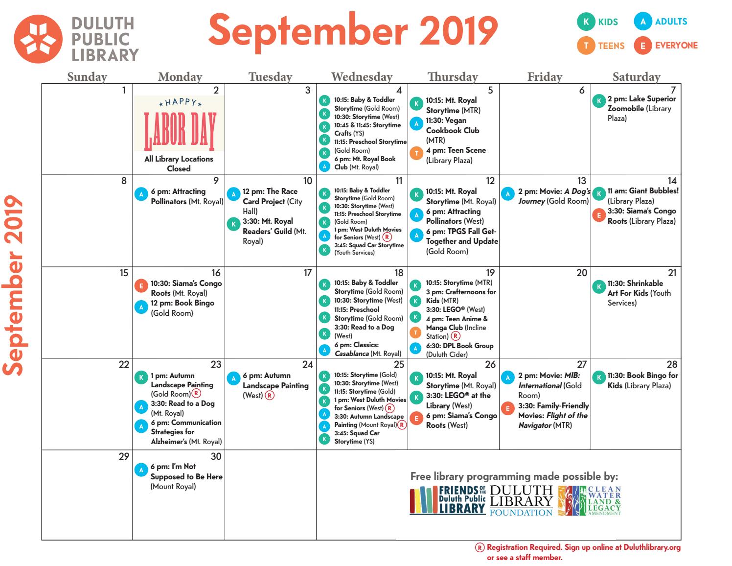 September 2019 Event Calendar by Duluth Public Library - Issuu
