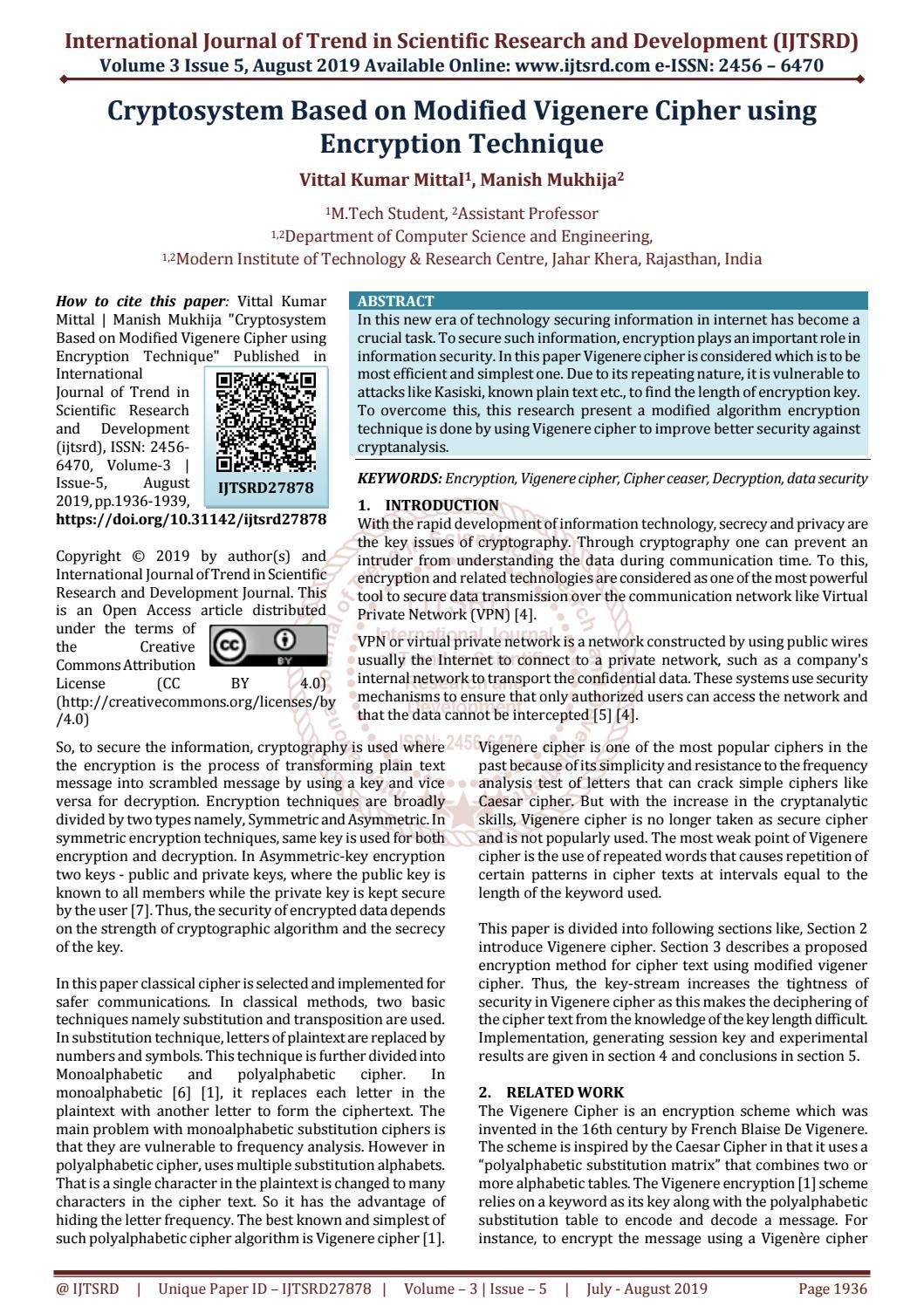 Cryptosystem Based On Modified Vigenere Cipher Using Encryption Technique By International