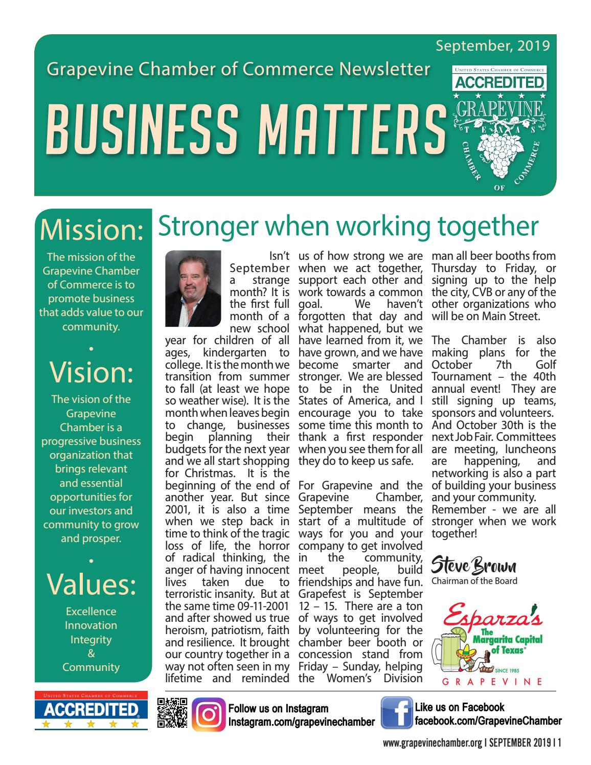 SEPT CHAMBER NEWSLETTER 9.9.19 by Grapevine Chamber of Commerce - Issuu