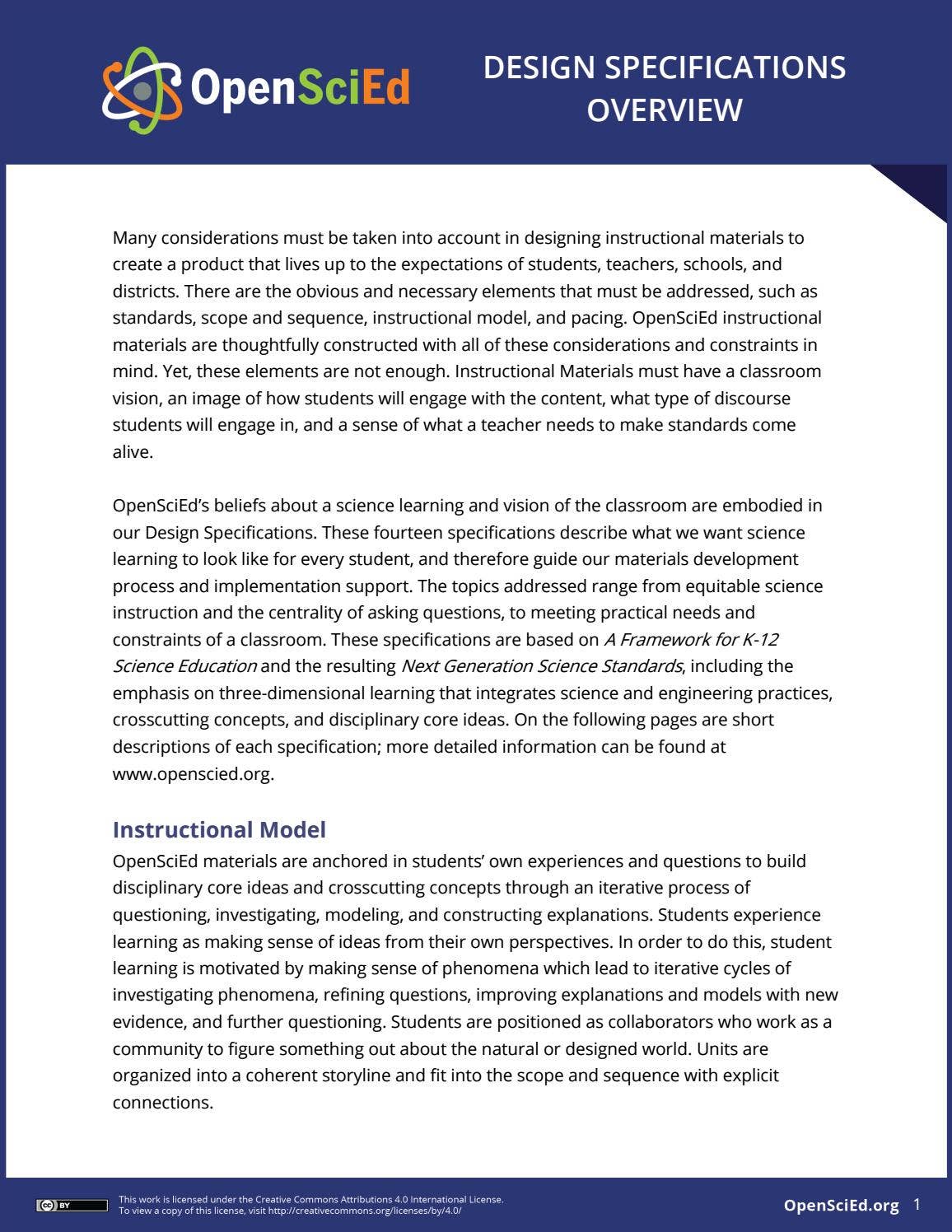 OpenSciEd Design Specifications Overview - Middle School by openscied ...