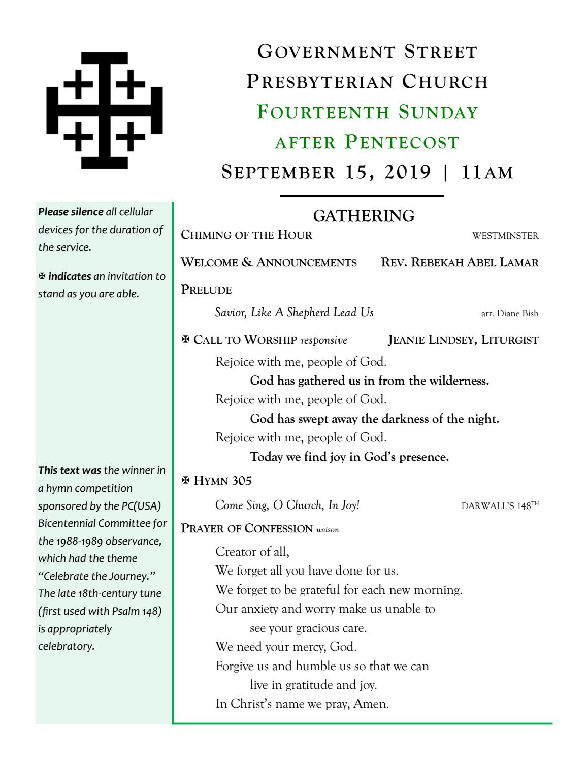 Sunday Bulletin | September 15, 2019 by Government Street Presbyterian ...