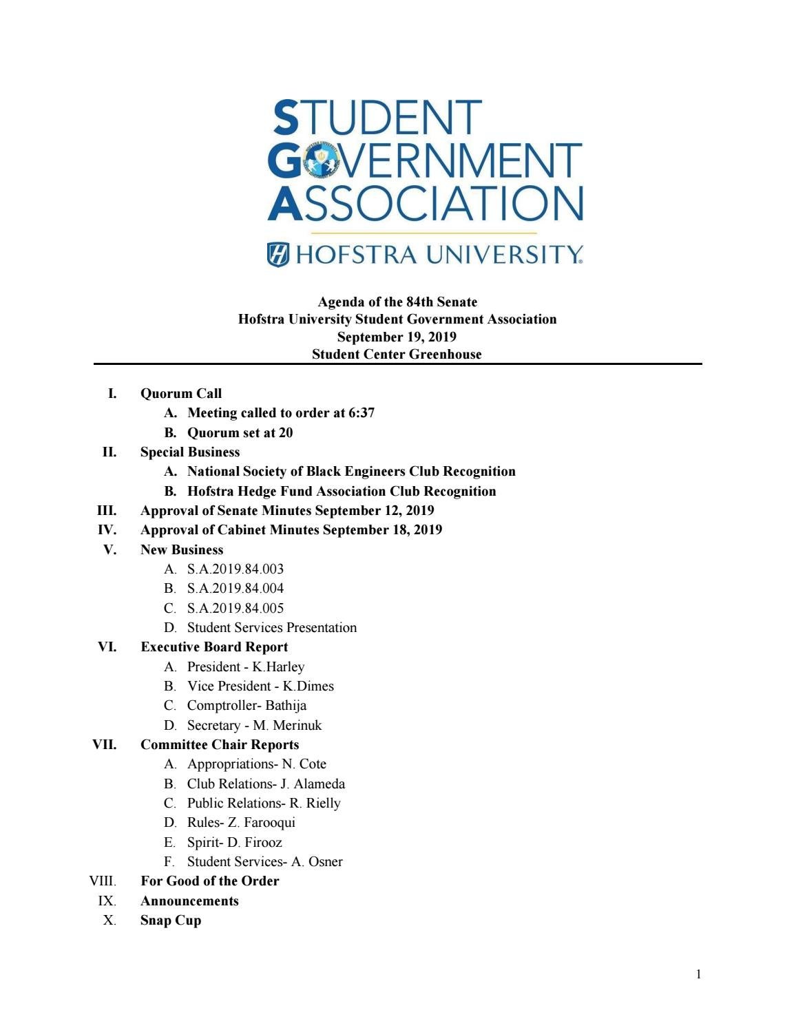 SGA - Agenda of the 84th Senate - September 19, 2019 by Hofstra ...
