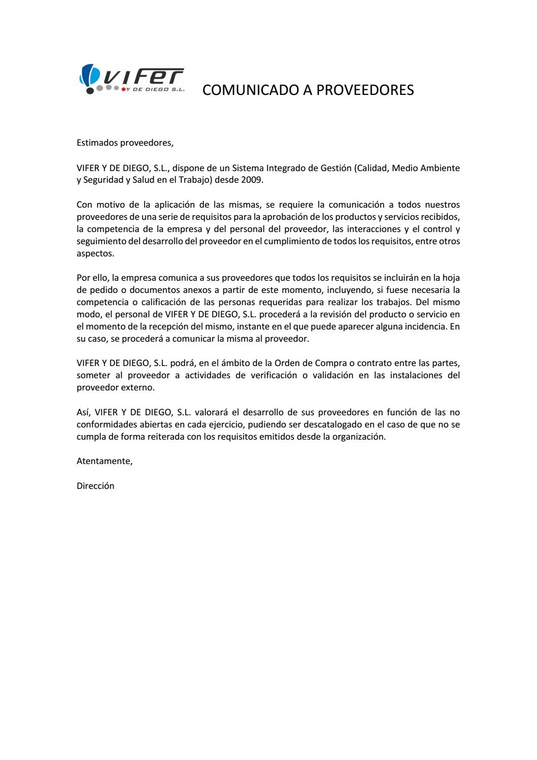COMUNICADO A PROVEEDORES by viferdediego - Issuu