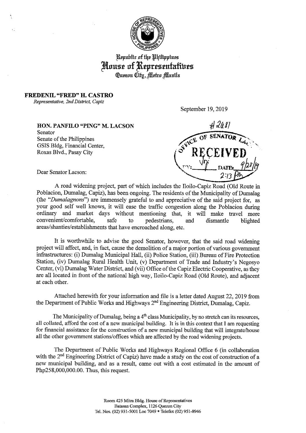 Rep. Fredenil Castro lobby letter to Sen. Panfilo Lacson by myinquirer ...