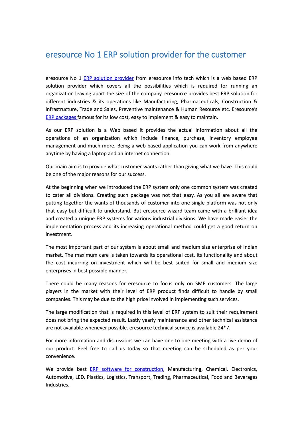 eresource No 1 ERP solution provider for the customer by eresource erp - Issuu