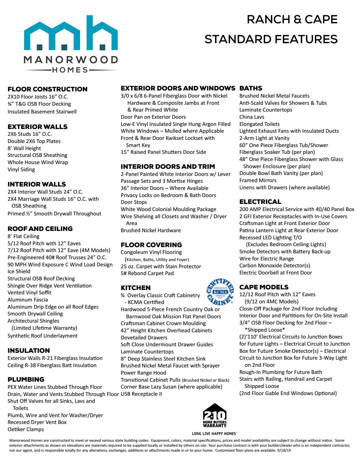 Manorwood Homes Ranch & Cape Standard Features by Commodore Homes, LLC ...