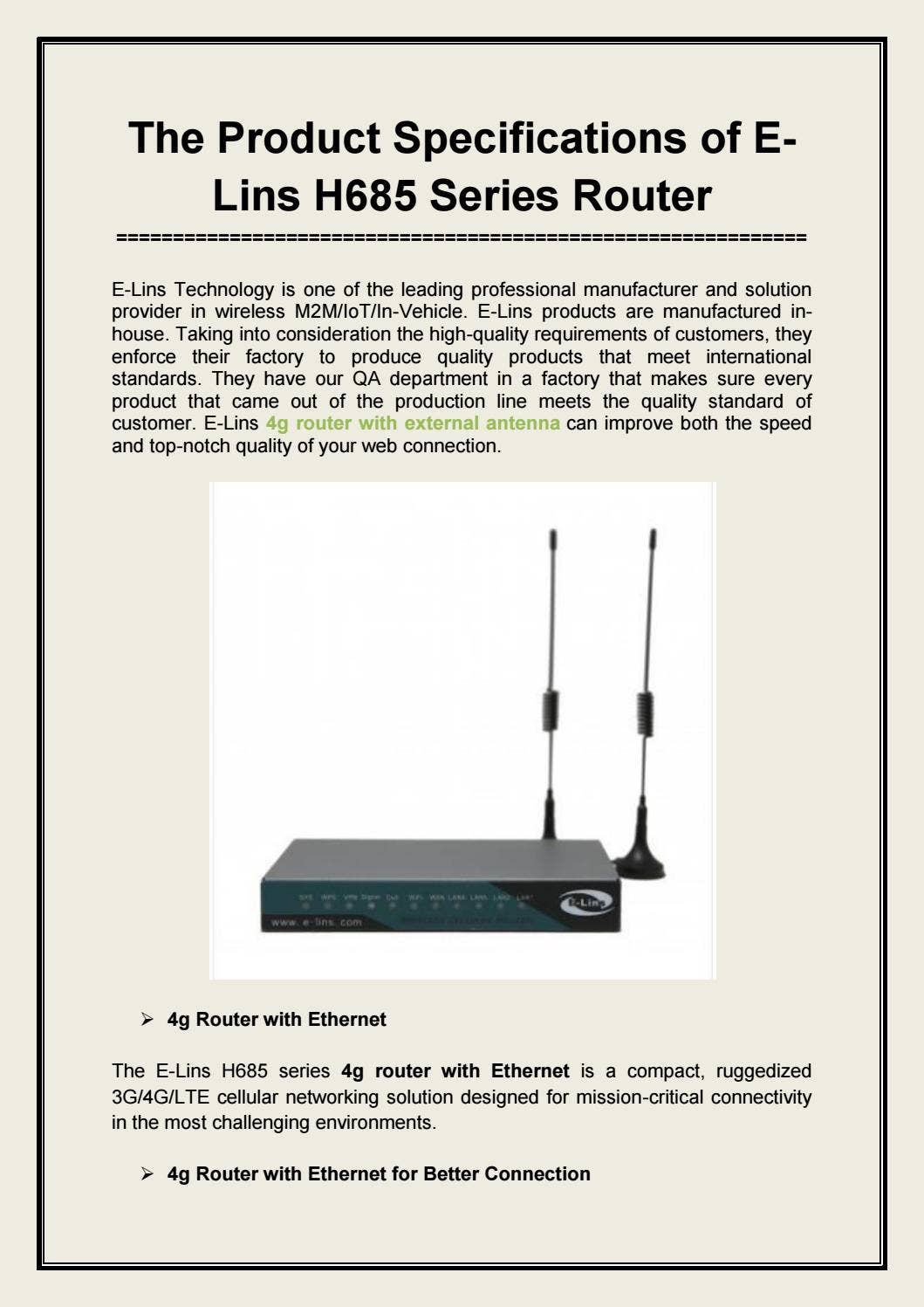 The Product Specifications of E-Lins H685 Series Router by ...