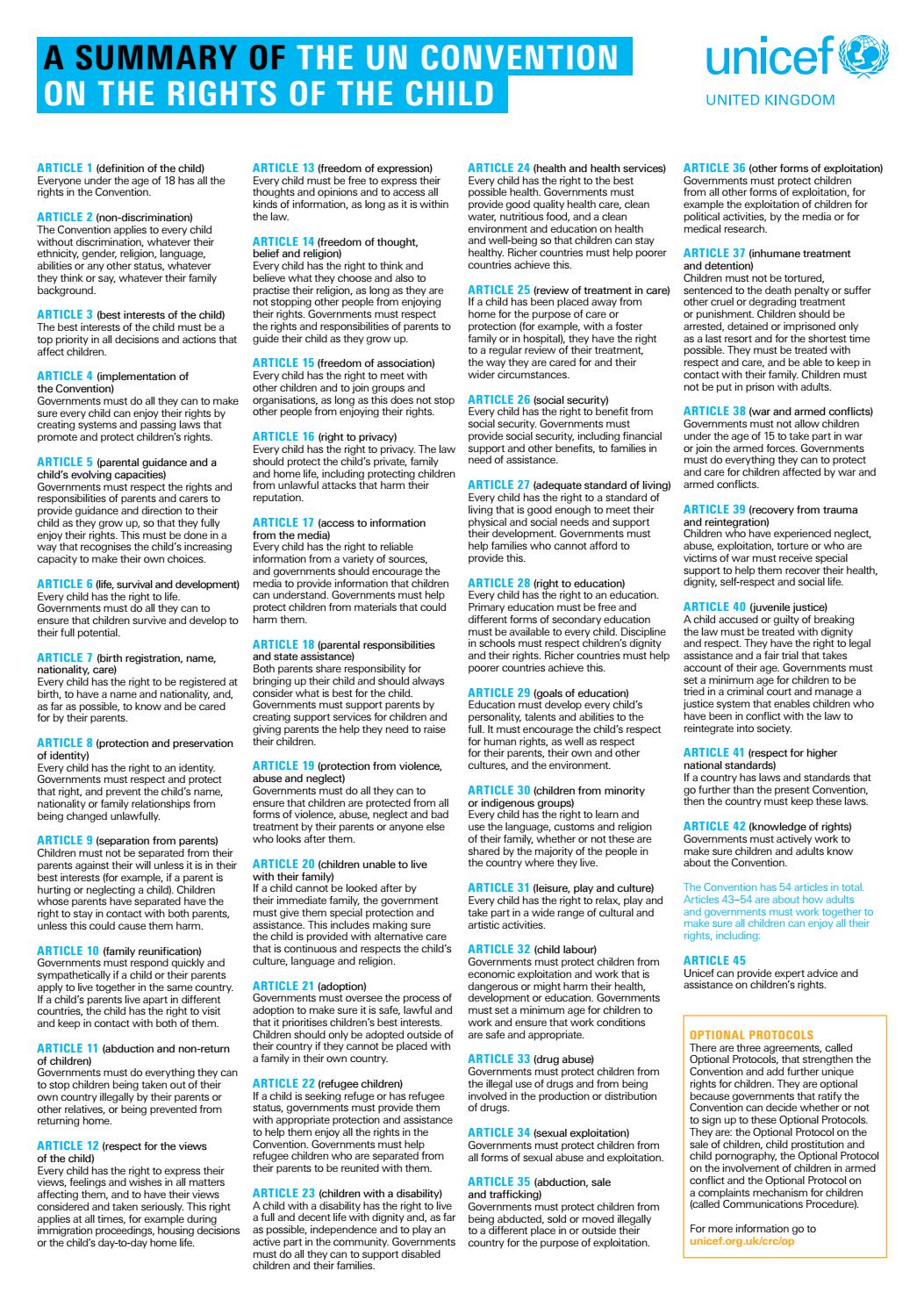 A Summary of the UN Convention of the Rights of the Child by The Five ...