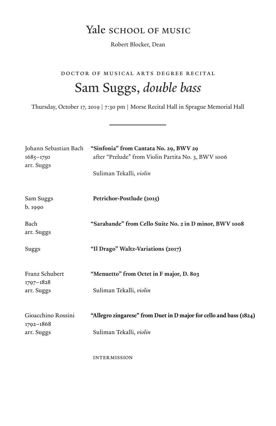 Sam Suggs, double bass, October 17, 2019 by Yale School of Music - Issuu