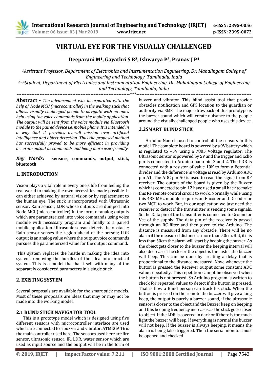 IRJET- Virtual Eye for the Visually Challenged by IRJET Journal - Issuu