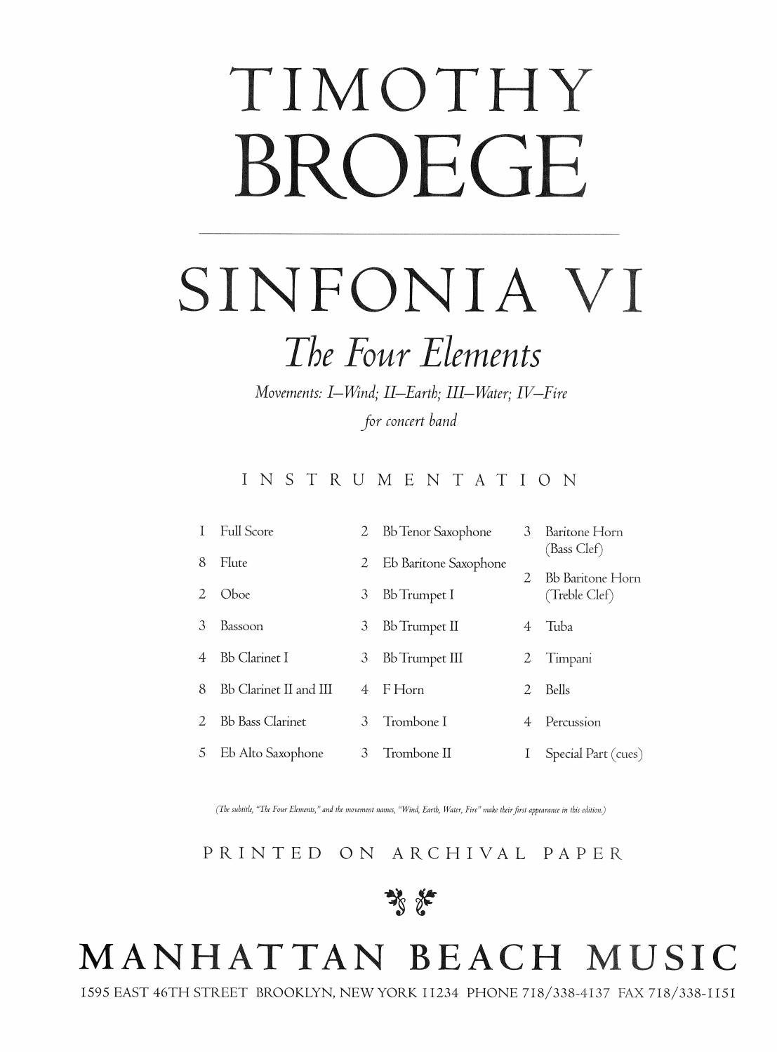 Sinfonia VI (Sinfonia Six) for concert band by Timothy Broege by ...