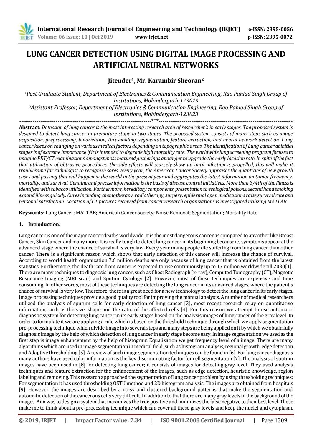 IRJET- Lung Cancer Detection using Digital Image Processing and ...