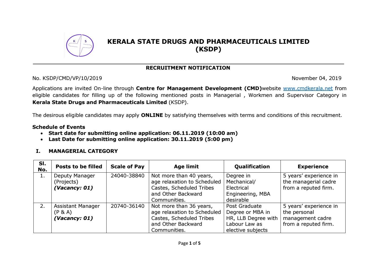 Kerala State Drugs and Pharmaceuticals Limited Job Opening 2019 by ...