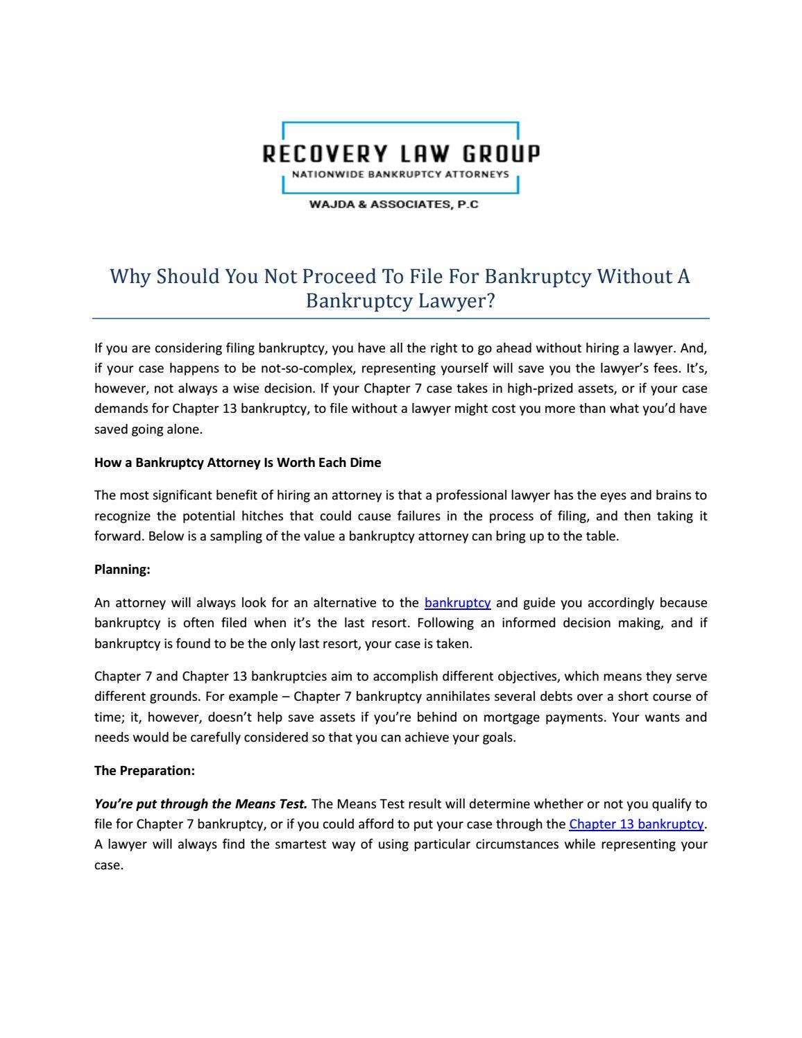 Why Should You Not Proceed To File For Bankruptcy Without A Bankruptcy ...