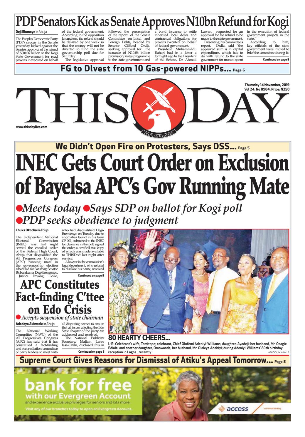 THURSDAY 14TH NOVEMBER 2019 by THISDAY Newspapers Ltd - Issuu