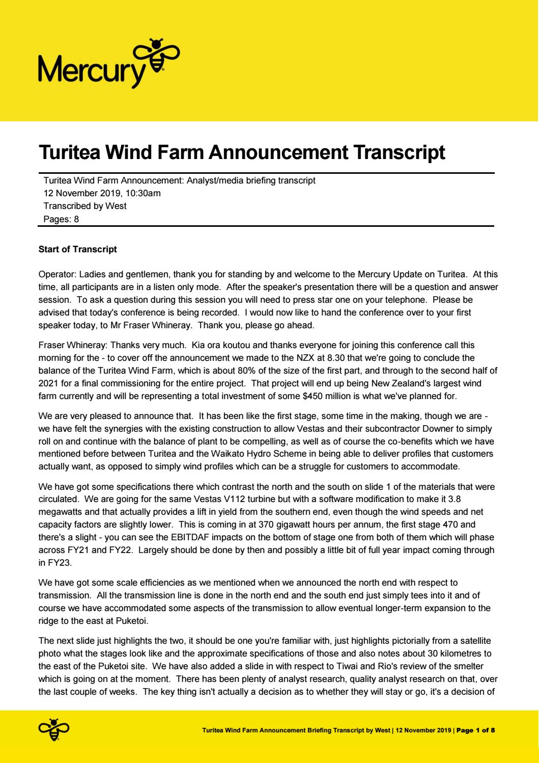 Turitea Wind Farm Announcement Analyst media briefing transcript by ...