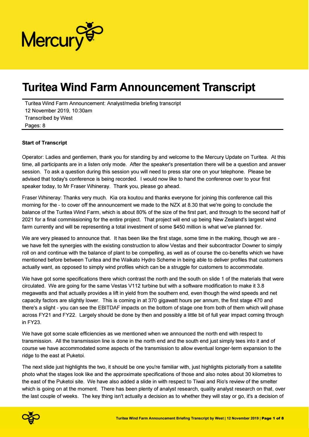 Turitea Wind Farm Announcement Analyst media briefing transcript by ...