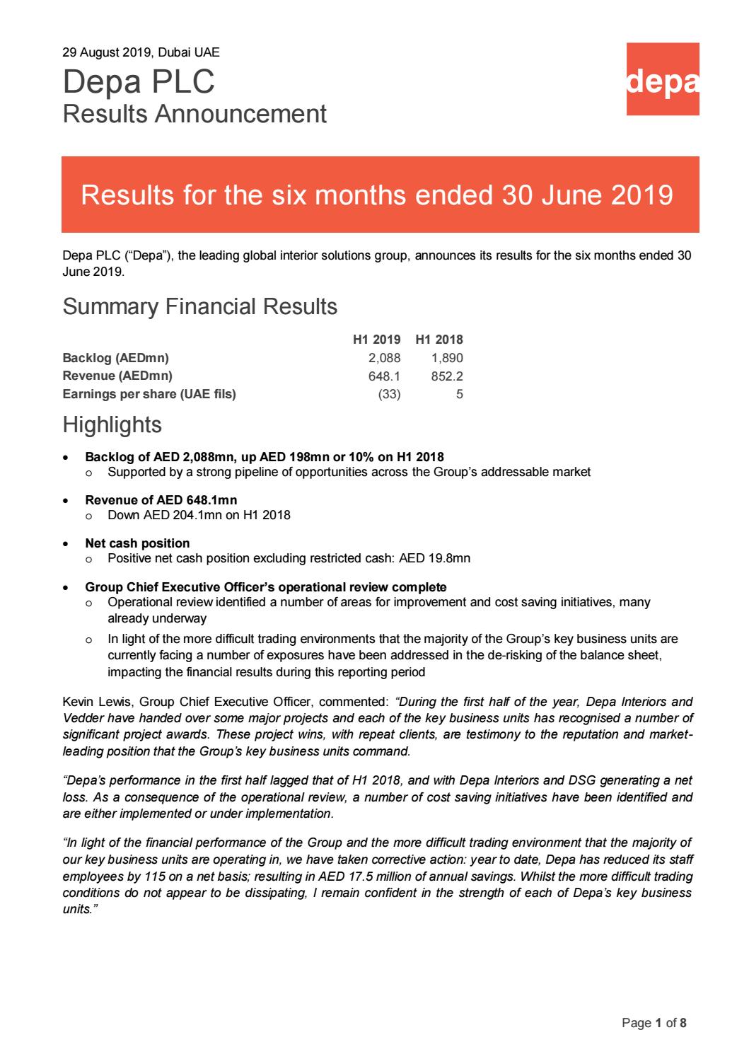 H1 - 2019 - Results Announcement (English) by Depa Group - Issuu