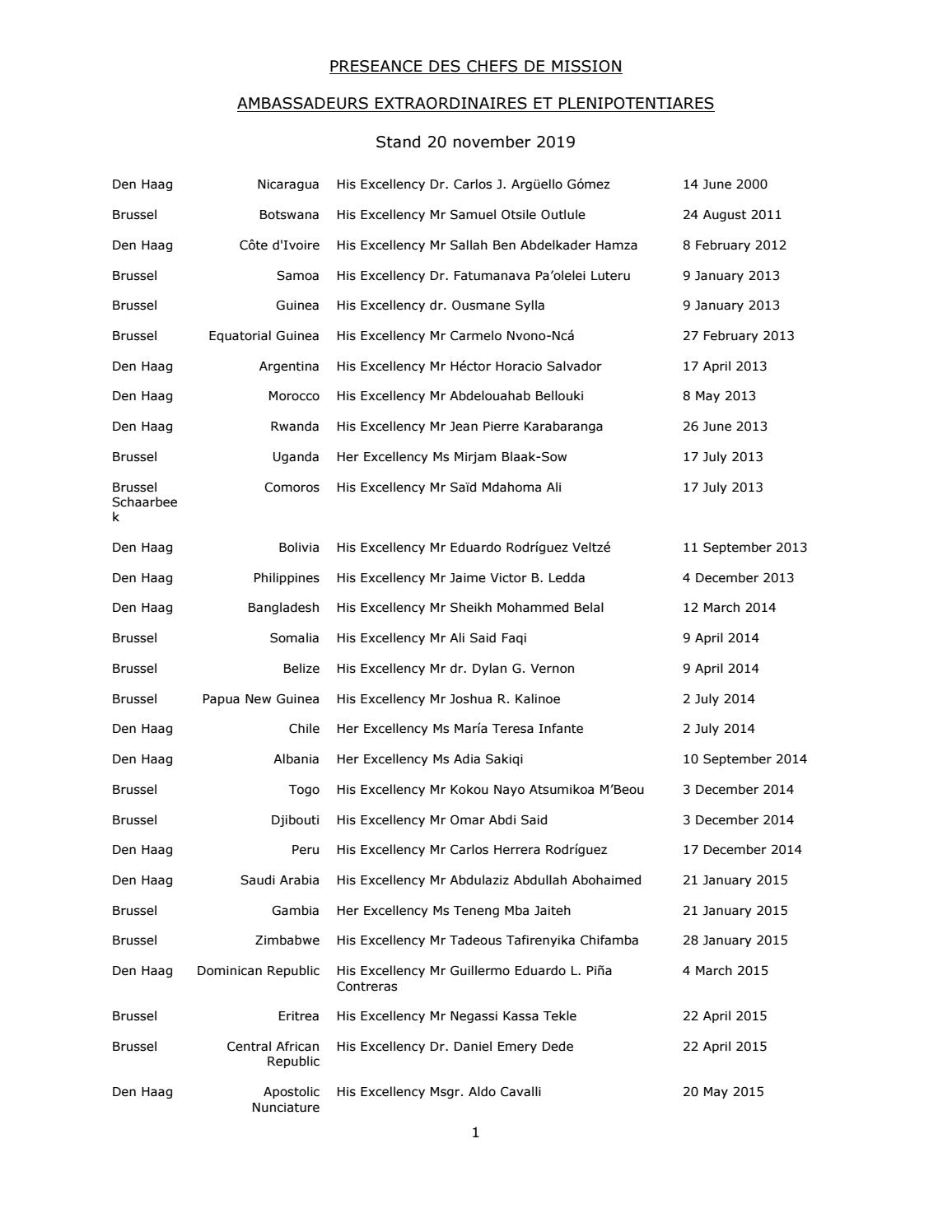 Diplomatic Precedence List. Nov. 2019 The Hague by Diplomat Magazine ...
