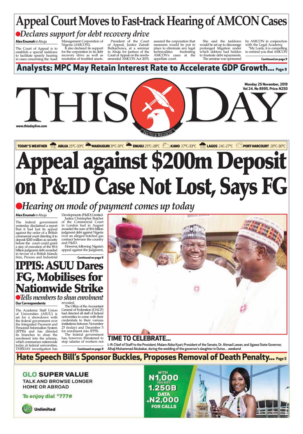 MONDAY 25TH NOVEMBER 2019 by THISDAY Newspapers Ltd - Issuu