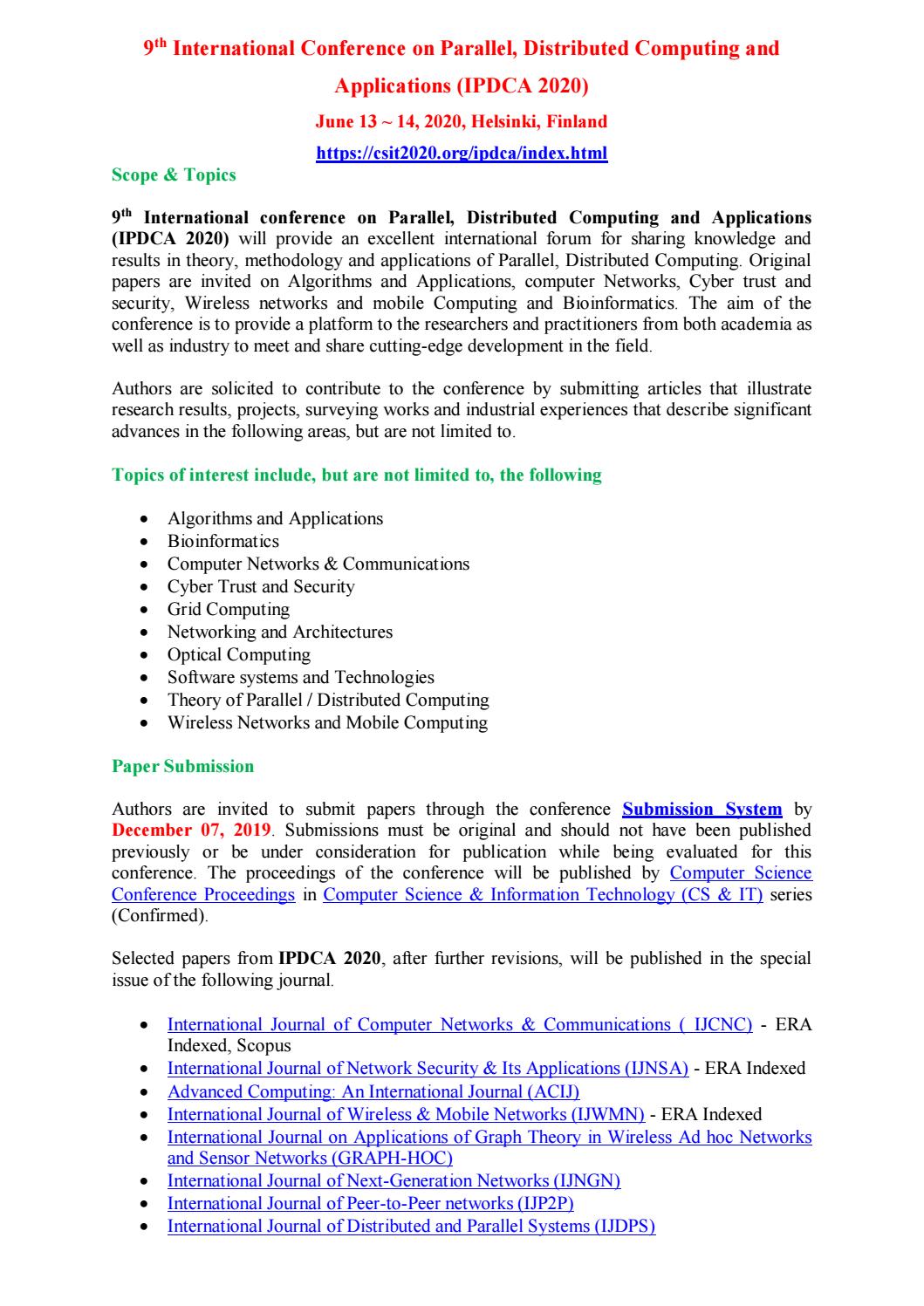 9th International Conference on Parallel, Distributed Computing and Applications (IPDCA 2020) by ...