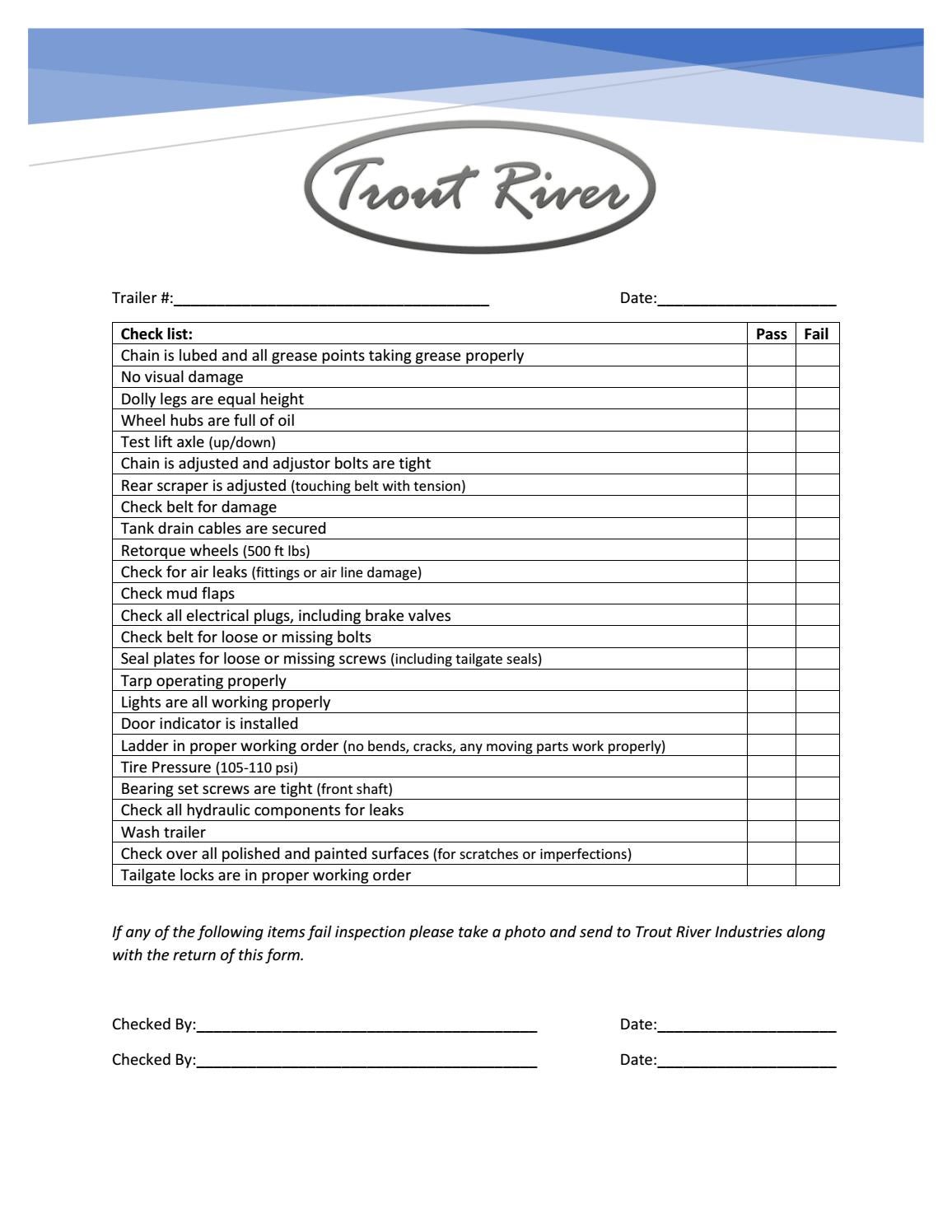 Trout River Pre-Delivery Inspection Form by Trout River Live Bottom ...